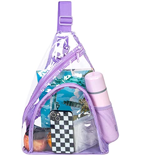 AGSDON Clear Sling Bag Stadium Approved, Small PVC Crossbody Shoulder Backpack, Casual Transparent Daypack - Purple