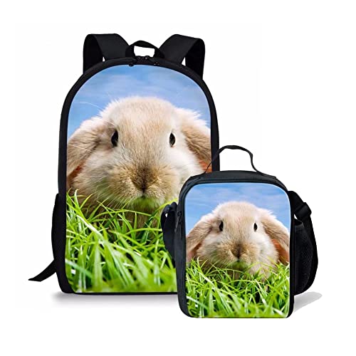 Rabbit Design Backpack Boys Cute Animal Bookbag Womens Travel Daypack with Lunch Bag