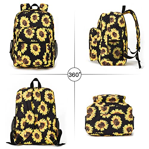 Telena School Backpack for Teen Girls Boys, Lightweight Backpack for College Bookbag with Bottle Side Pockets, Sunflower Backpack