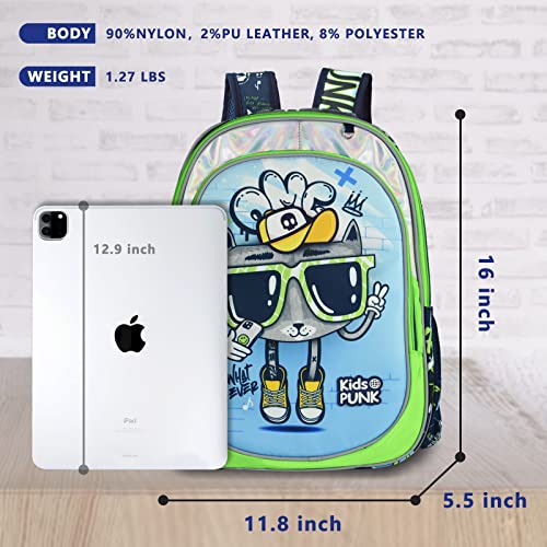 Boys Backpack 16 Inch Cute Cat Backpack for Boys Preschool Kindergarten Elementary Kids Backpacks for Boys Kawaii Light Blue Backpack Large Capacity