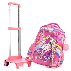 Meetbelify Girls Unicorn Rolling Backpack Wheels Backpacks Kids Luggage for Elementary Preschool Students Cute Suitcase Trolley Trip Wheeled Backpack with Lunch Box for Girls