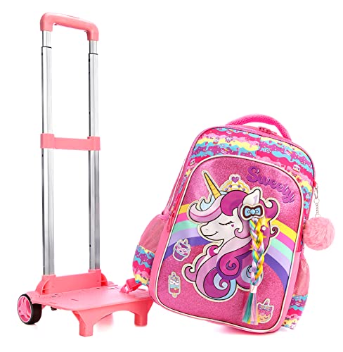 Meetbelify Girls Unicorn Rolling Backpack Wheels Backpacks Kids Luggage for Elementary Preschool Students Cute Suitcase Trolley Trip Wheeled Backpack with Lunch Box for Girls