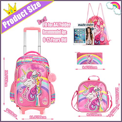 Meetbelify Girls Unicorn Rolling Backpack Wheels Backpacks Kids Luggage for Elementary Preschool Students Cute Suitcase Trolley Trip Wheeled Backpack with Lunch Box for Girls