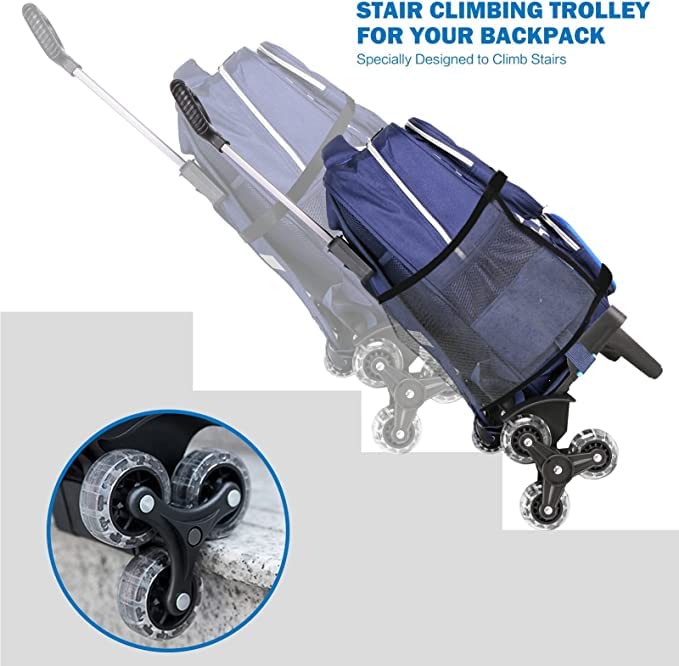 Amythe Backpack Trolley Wheeled Cart with Net Bag, Durable Aluminium Alloy Folding Luggage Carts with Wheels, Foldable Lightweight Student's Backpack Travel Hand Truck with Buckles, 6 Wheels