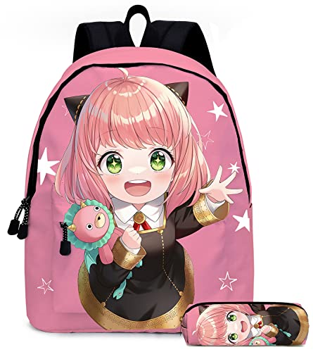 XIXISA 16" Spy x Family School Backpack with Pencil Case, Anya Forger Anime Daypack Student Bookbag Laptop Backpacks Supplies (E)