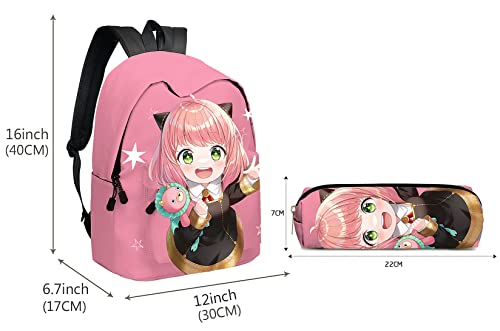 XIXISA 16" Spy x Family School Backpack with Pencil Case, Anya Forger Anime Daypack Student Bookbag Laptop Backpacks Supplies (E)