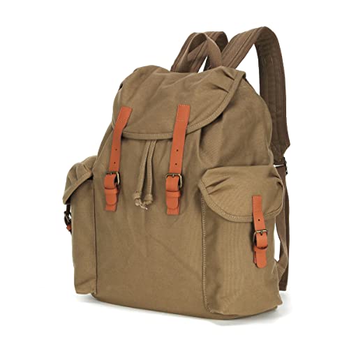 High Capacity Canvas Vintage Backpack Leather Genuine Leather Waxed Canvas Shoulder Hiking Rucksack (Khaki)