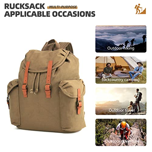 High Capacity Canvas Vintage Backpack Leather Genuine Leather Waxed Canvas Shoulder Hiking Rucksack (Khaki)