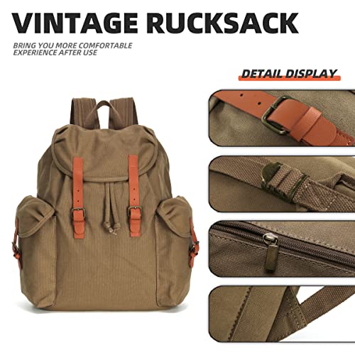 High Capacity Canvas Vintage Backpack Leather Genuine Leather Waxed Canvas Shoulder Hiking Rucksack (Khaki)