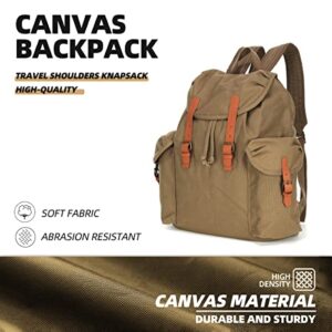 High Capacity Canvas Vintage Backpack Leather Genuine Leather Waxed Canvas Shoulder Hiking Rucksack (Khaki)