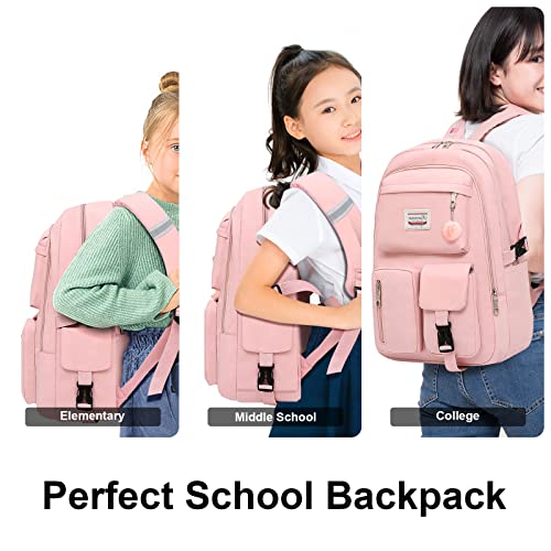 School Backpack for Teens Girls, Large Capacity Middle High School Bookbag, Multi Pocket Waterproof School Bag (Pink)