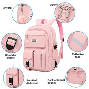 School Backpack for Teens Girls, Large Capacity Middle High School Bookbag, Multi Pocket Waterproof School Bag (Pink)