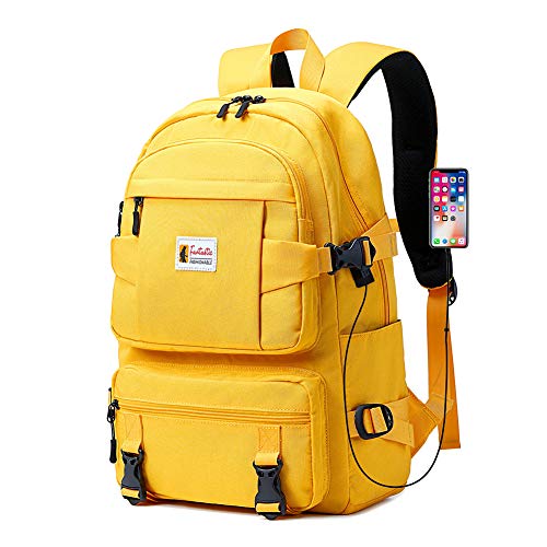 AGOWOO College Backpack Teen Lightweight School Book Bag with USB Charger Port Casual Daypack (Yellow) for Women Men Youth