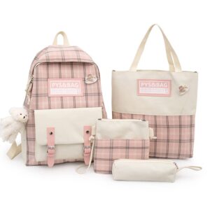 4pcs aesthetic backpack set with large capacity, back to school canvas kawaii backpack set for young (pink)