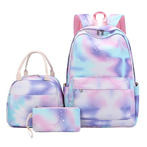 Nlzflgu Teens Girls School Backpack Set Children's Schoolbag Triple with Lunch Bag and Pencil Pouch Travel Casual Backpack (Purple Starry Sky)