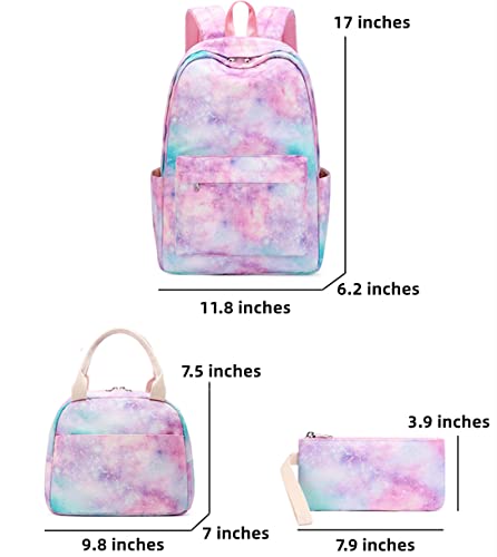 Nlzflgu Teens Girls School Backpack Set Children's Schoolbag Triple with Lunch Bag and Pencil Pouch Travel Casual Backpack (Purple Starry Sky)