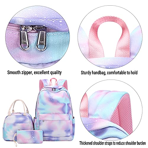 Nlzflgu Teens Girls School Backpack Set Children's Schoolbag Triple with Lunch Bag and Pencil Pouch Travel Casual Backpack (Purple Starry Sky)