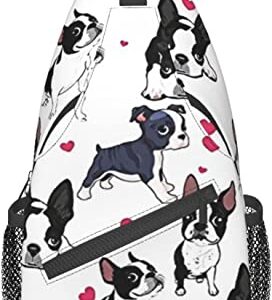 Boston Terrier Red Heart Dog Chest Pack Sling Chest Bag Multipurpose Casual Chest Shoulder Backpack for Men Women