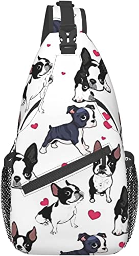 Boston Terrier Red Heart Dog Chest Pack Sling Chest Bag Multipurpose Casual Chest Shoulder Backpack for Men Women