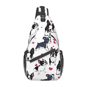 Boston Terrier Red Heart Dog Chest Pack Sling Chest Bag Multipurpose Casual Chest Shoulder Backpack for Men Women