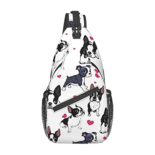 Boston Terrier Red Heart Dog Chest Pack Sling Chest Bag Multipurpose Casual Chest Shoulder Backpack for Men Women