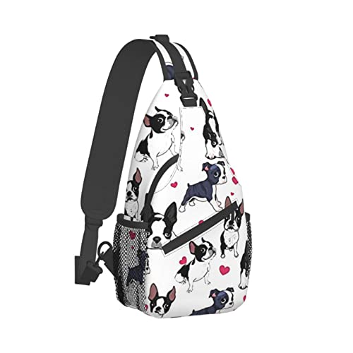 Boston Terrier Red Heart Dog Chest Pack Sling Chest Bag Multipurpose Casual Chest Shoulder Backpack for Men Women