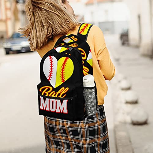 Funny Ball Mom Softball Baseball Laptop Backpack Shoulder Bag Daypack with Adjustable Strap for Casual School Travel