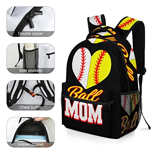 Funny Ball Mom Softball Baseball Laptop Backpack Shoulder Bag Daypack with Adjustable Strap for Casual School Travel