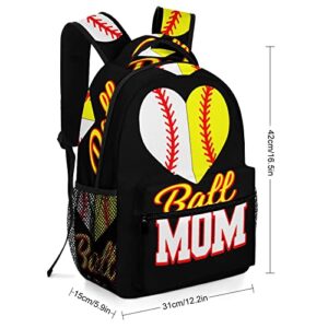 Funny Ball Mom Softball Baseball Laptop Backpack Shoulder Bag Daypack with Adjustable Strap for Casual School Travel