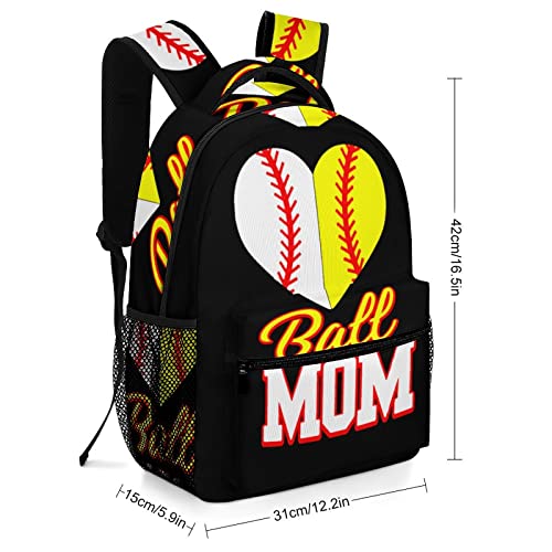 Funny Ball Mom Softball Baseball Laptop Backpack Shoulder Bag Daypack with Adjustable Strap for Casual School Travel