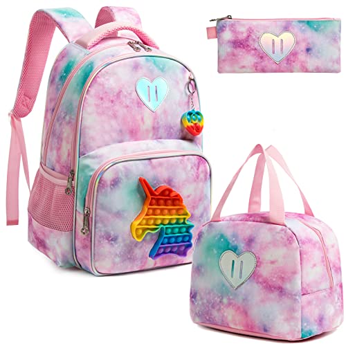 Egchescebo POP Fidget Backpack for Girls Large 17" Unicorn Toy Backpacks School 3PCS Elementary Fidget Backpack Set with Lunch Box Suitable Girls Backpacks for Travel School Mochila Para Niñas