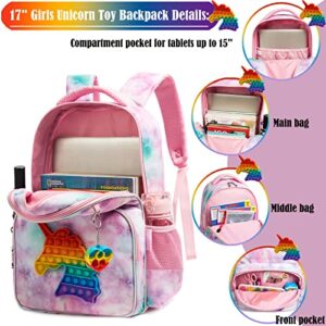 Egchescebo POP Fidget Backpack for Girls Large 17" Unicorn Toy Backpacks School 3PCS Elementary Fidget Backpack Set with Lunch Box Suitable Girls Backpacks for Travel School Mochila Para Niñas