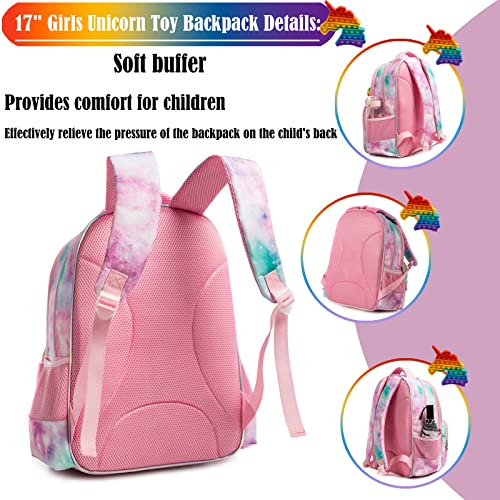 Egchescebo POP Fidget Backpack for Girls Large 17" Unicorn Toy Backpacks School 3PCS Elementary Fidget Backpack Set with Lunch Box Suitable Girls Backpacks for Travel School Mochila Para Niñas