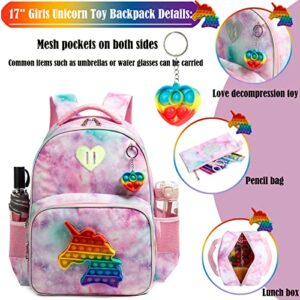 Egchescebo POP Fidget Backpack for Girls Large 17" Unicorn Toy Backpacks School 3PCS Elementary Fidget Backpack Set with Lunch Box Suitable Girls Backpacks for Travel School Mochila Para Niñas