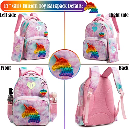 Egchescebo POP Fidget Backpack for Girls Large 17" Unicorn Toy Backpacks School 3PCS Elementary Fidget Backpack Set with Lunch Box Suitable Girls Backpacks for Travel School Mochila Para Niñas