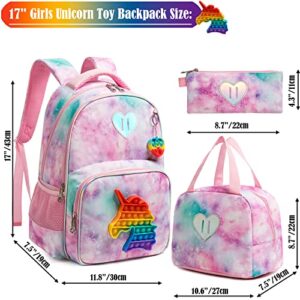 Egchescebo POP Fidget Backpack for Girls Large 17" Unicorn Toy Backpacks School 3PCS Elementary Fidget Backpack Set with Lunch Box Suitable Girls Backpacks for Travel School Mochila Para Niñas