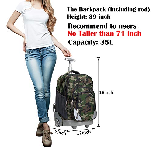 WEISHENGDA 18 inches Wheeled Rolling Backpack for Adults and School Students Short Trip Books Laptop Trolley Bags, Green Camo