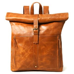 gratlin buffalo leather roll on laptop backpack 16 inches | vintage genuine leather rucksack backpack for men & women | best full grain tan leather backpacks book bag knapsack for travel hiking use