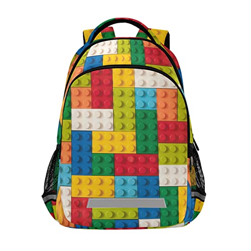 Colorful Building Blocks School Backpacks with Chest Strap for Teens Boys Girls,Lightweight Student Bookbags 17 Inch, Funny Toy Casual Daypack Schoolbags