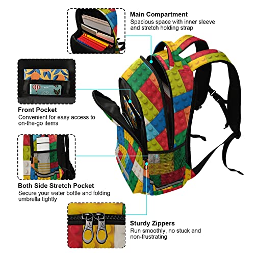 Colorful Building Blocks School Backpacks with Chest Strap for Teens Boys Girls,Lightweight Student Bookbags 17 Inch, Funny Toy Casual Daypack Schoolbags