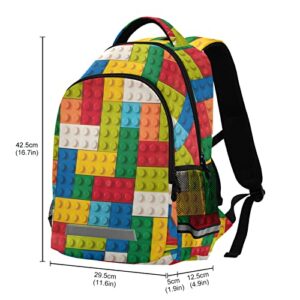 Colorful Building Blocks School Backpacks with Chest Strap for Teens Boys Girls,Lightweight Student Bookbags 17 Inch, Funny Toy Casual Daypack Schoolbags