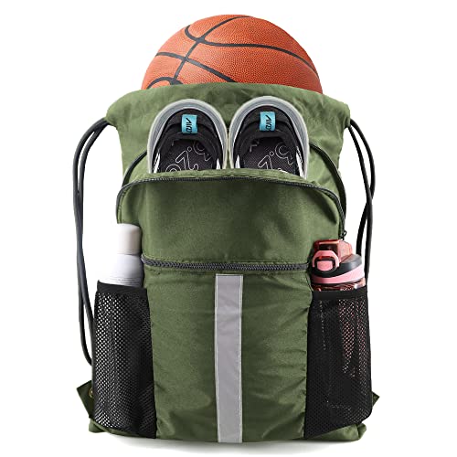 BeeGreen Army Green Drawstring Backpack with Shoe Compartment X-Large Gym Sports String Cinch Backpack Athletic Sackpack Mesh Water Bottle Holders for Women Men