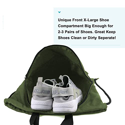 BeeGreen Army Green Drawstring Backpack with Shoe Compartment X-Large Gym Sports String Cinch Backpack Athletic Sackpack Mesh Water Bottle Holders for Women Men