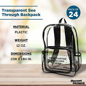 DISCOUNT PROMOS Custom Heavy Duty Clear Plastic Backpacks Set of 24, Personalized Bulk Pack - PVC, Water Resistant, Great for School, Travel - Clear/Black