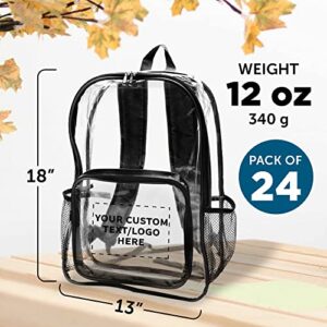 DISCOUNT PROMOS Custom Heavy Duty Clear Plastic Backpacks Set of 24, Personalized Bulk Pack - PVC, Water Resistant, Great for School, Travel - Clear/Black