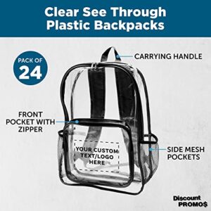 DISCOUNT PROMOS Custom Heavy Duty Clear Plastic Backpacks Set of 24, Personalized Bulk Pack - PVC, Water Resistant, Great for School, Travel - Clear/Black