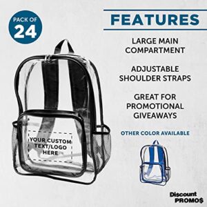 DISCOUNT PROMOS Custom Heavy Duty Clear Plastic Backpacks Set of 24, Personalized Bulk Pack - PVC, Water Resistant, Great for School, Travel - Clear/Black