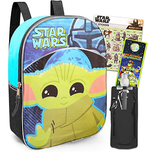 Baby Yoda Mini Backpack - Bundle with 11" Baby Yoda Backpack for School, Mandalorian Stickers, Water Bottle, More | Star Wars Backpack for Boys