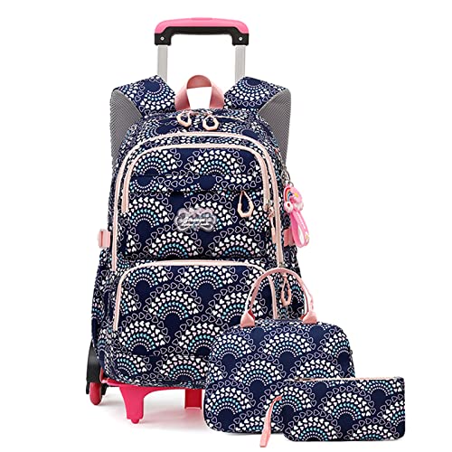 Mfikaryi 3PCS Girls Rolling Backpack Elementary Student Schoolbag Travel Trolley Bag Wheeled Bookbag with Lunch Box