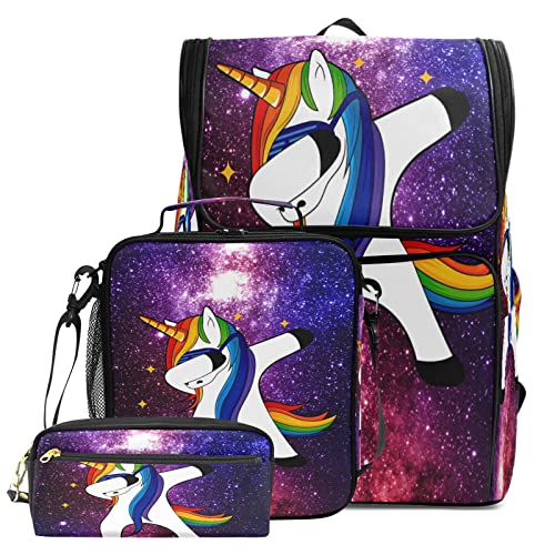 ZZKKO Backpack College Book Laptop Bag Space Galaxy Animal Unicorn Camping Hiking Travel Daypack with Lunch Bag and Pencil Case 3 in 1